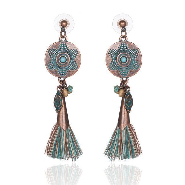 Antique Vintage Bohemian Ethnic Tassel Fringe Leaf Stones Earrings ...